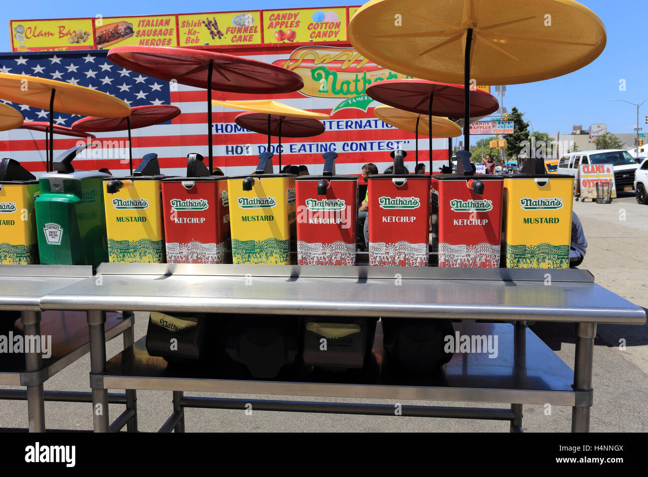 Condiments at Nathan's Famous Coney island Brooklyn New York City Stock ...