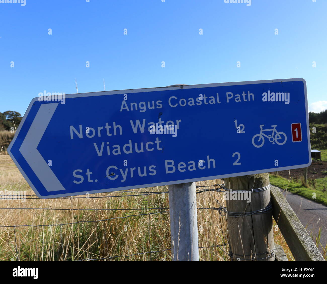 Cycle Route 1 sign on Angus Coastal Path for St Cyrus beach Scotland ...