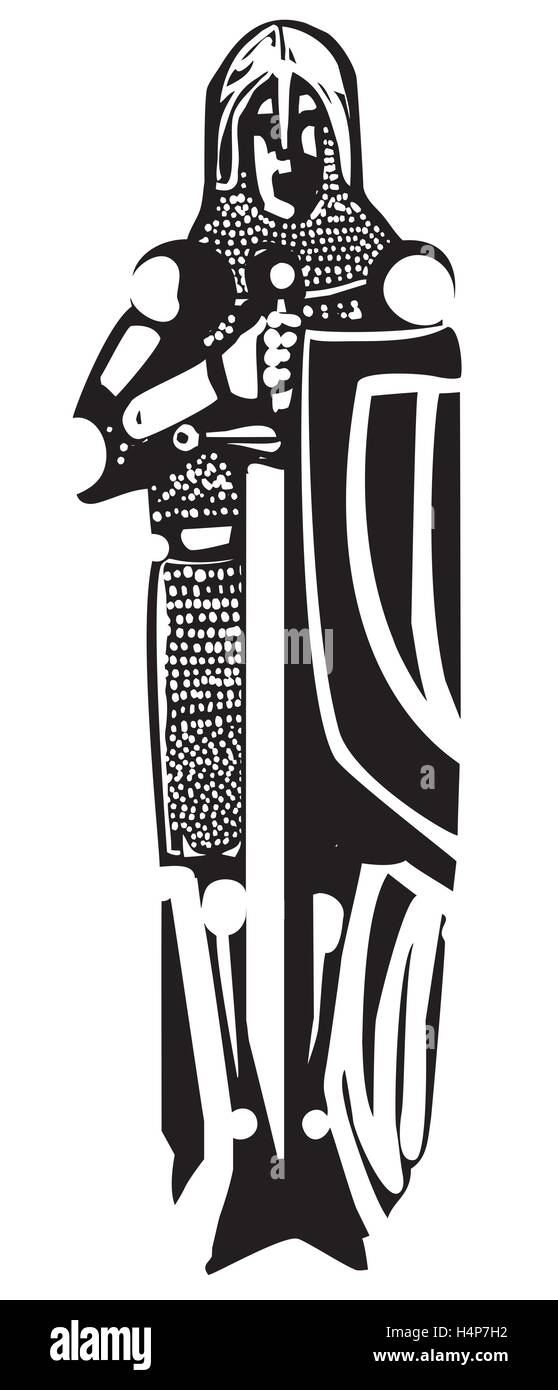 Woodcut style medieval knight like one might see in a cathedral tomb ...