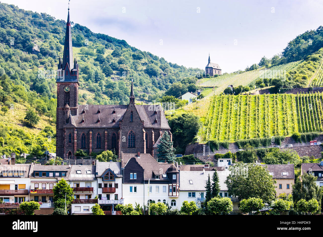 Pretty village with church, Rhine Gorge, Germany, Europe Stock Photo ...