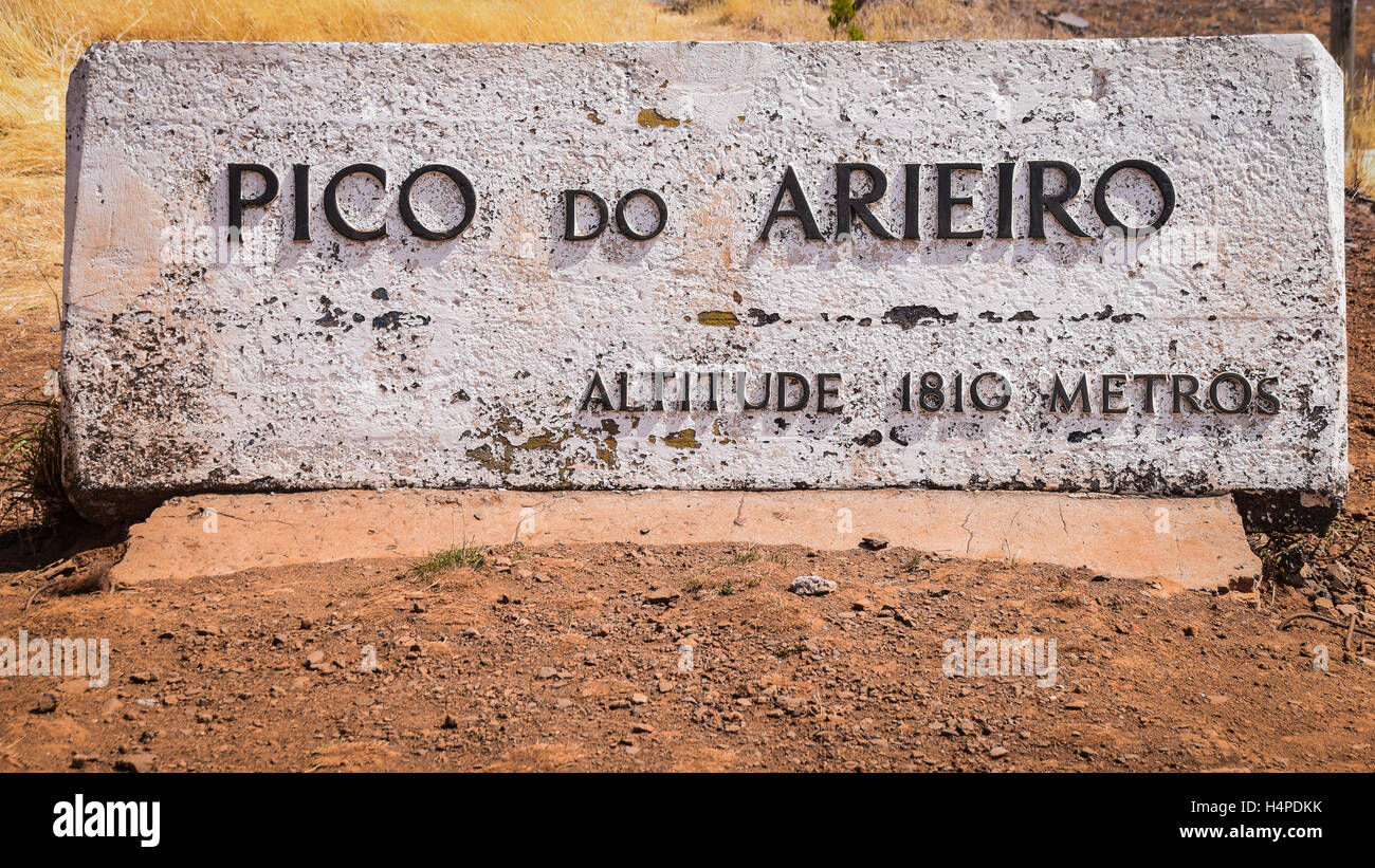 Pico do Arieiro sign at the peak of the mountain with an altitude of ...