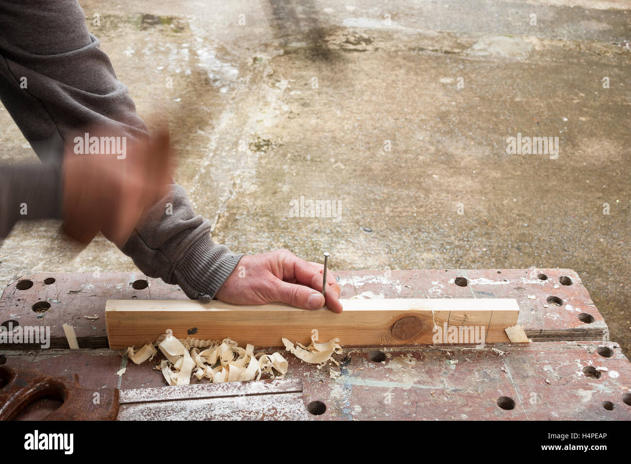 carpenters blurred hammer hitting nail Stock Photo - Alamy