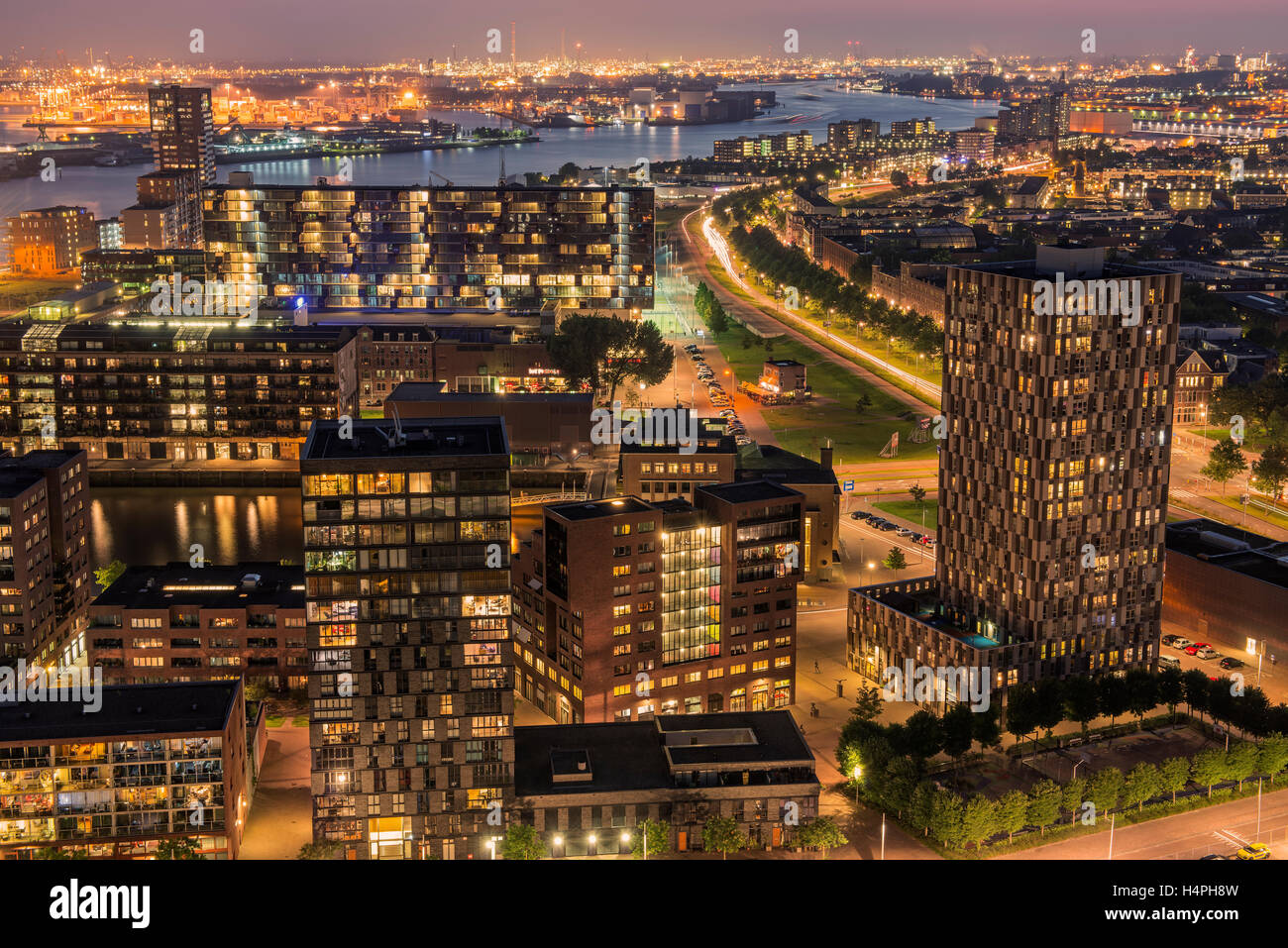 Elevated view of the skyline and port of Rotterdam (The Netherlands) at ...