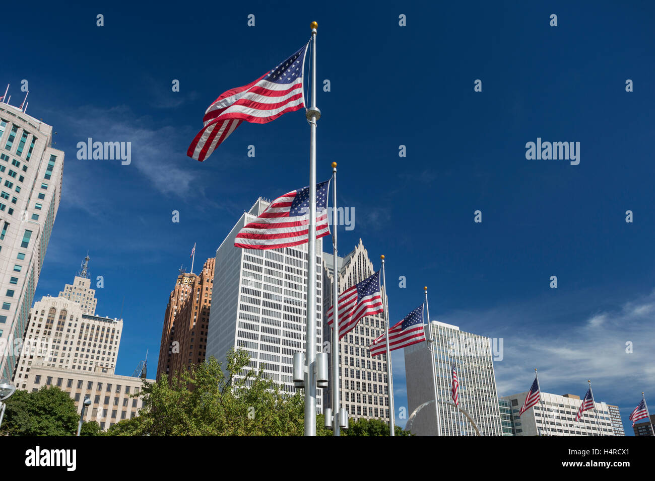 UNITED STATES NATIONAL FLAGS FLYING OVER HART PLAZA DOWNTOWN DETROIT ...