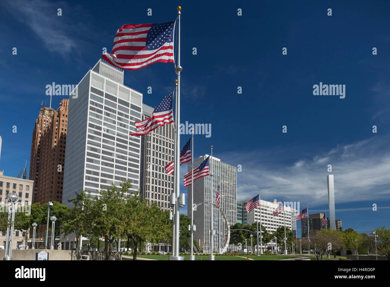 UNITED STATES NATIONAL FLAGS FLYING OVER HART PLAZA DOWNTOWN DETROIT ...