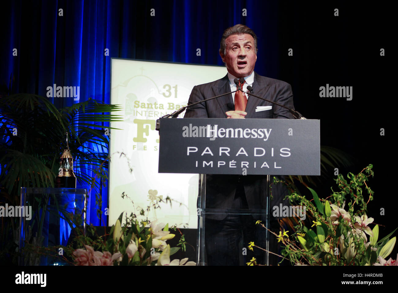 Actor Sylvester Stallone talks on a podium at The Santa Barbara ...