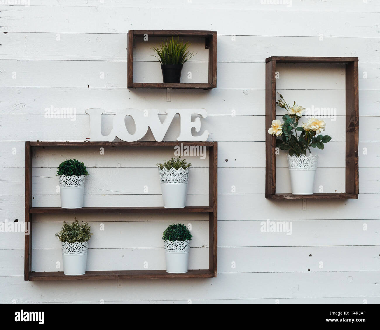 several buckets with plants on the shelf Stock Photo - Alamy