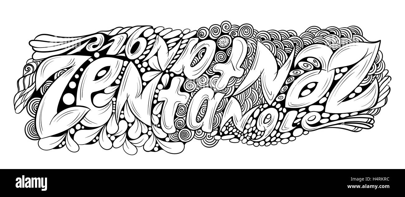 Vector monochrome hand drawn zentagle text illustration. Mirrored ...