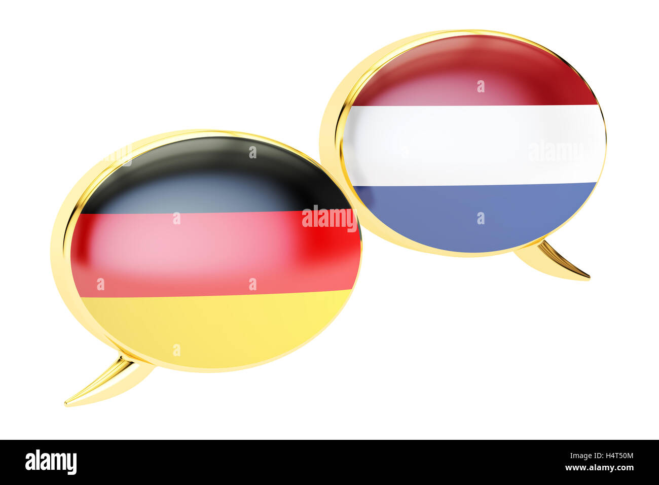 Speech bubbles, German-Dutch conversation concept. 3D rendering ...