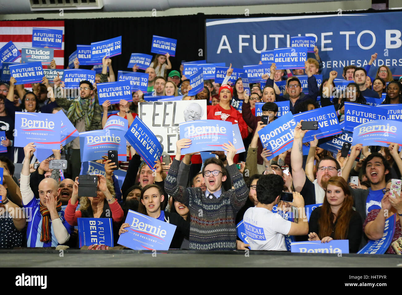 A crowd of fans and supporters with signs supporting Senator Bernie ...