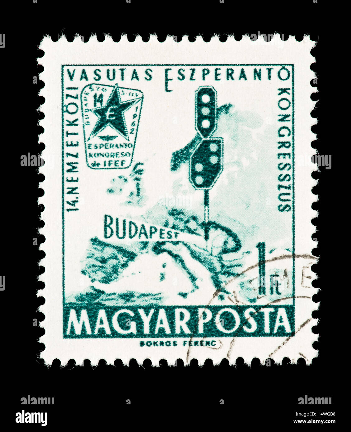Postage stamp from Hungary showing a Europe map, train signals, emblem ...