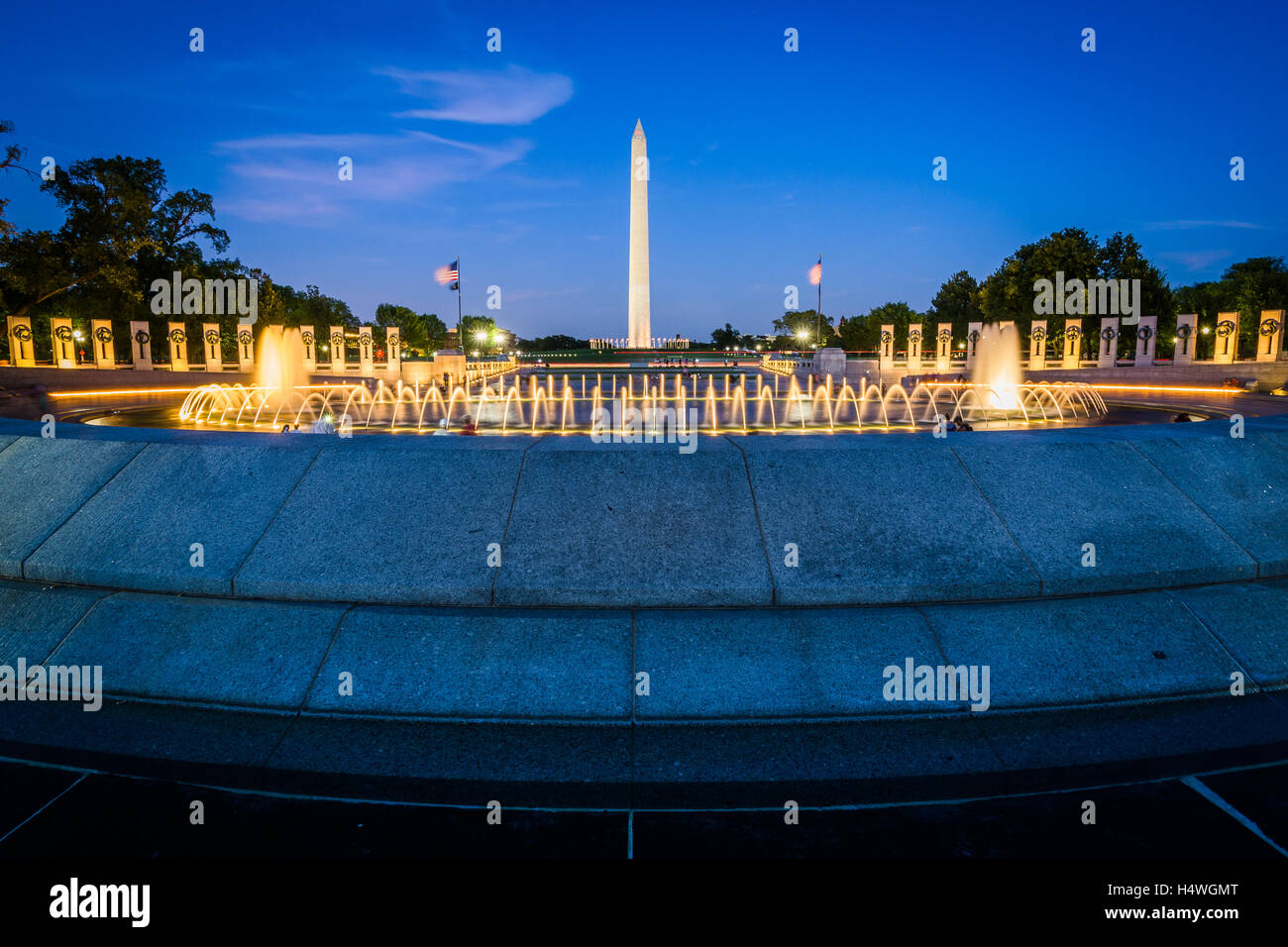 Fountains at the National World War II Memorial and the Washington ...