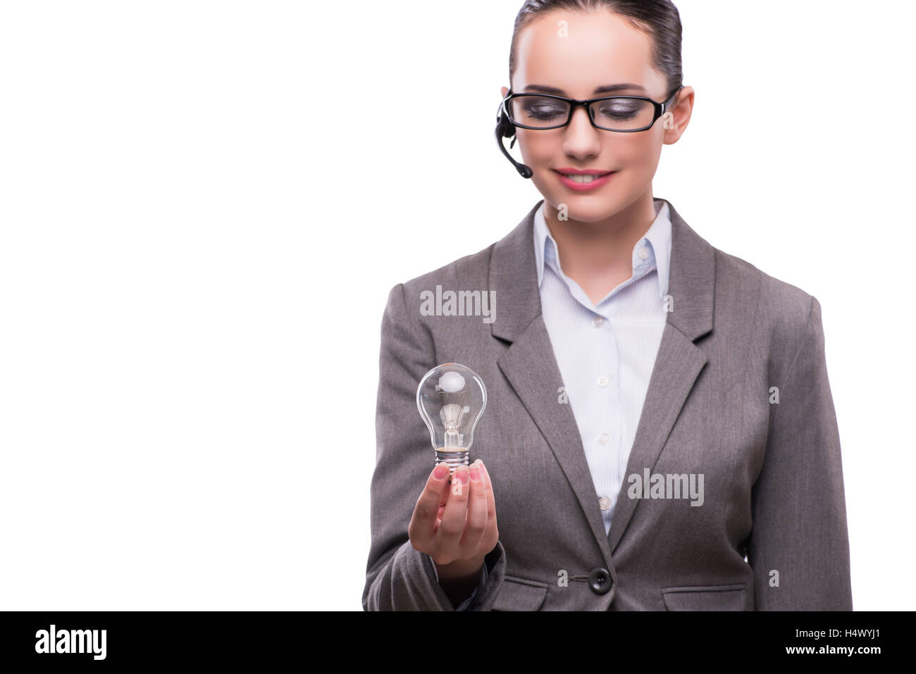 Call center operator with light bulb isolated on white Stock Photo - Alamy