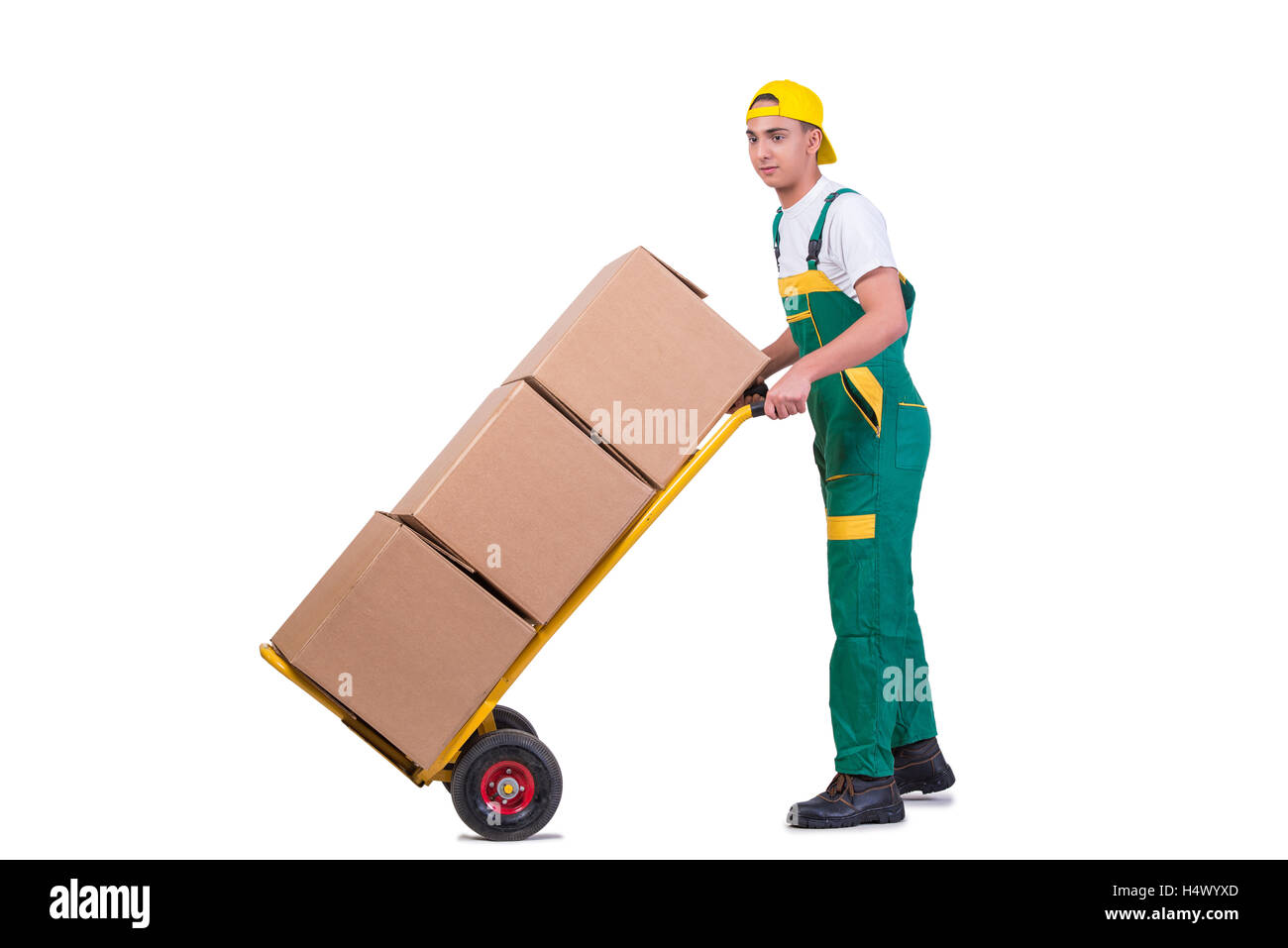 Young man moving boxes with cart isolated on white Stock Photo - Alamy