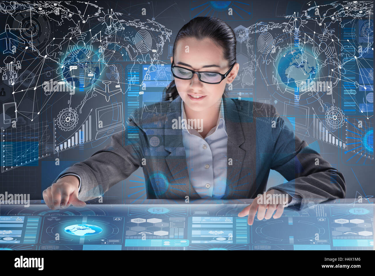 Futuristic media sharing concept with woman Stock Photo - Alamy