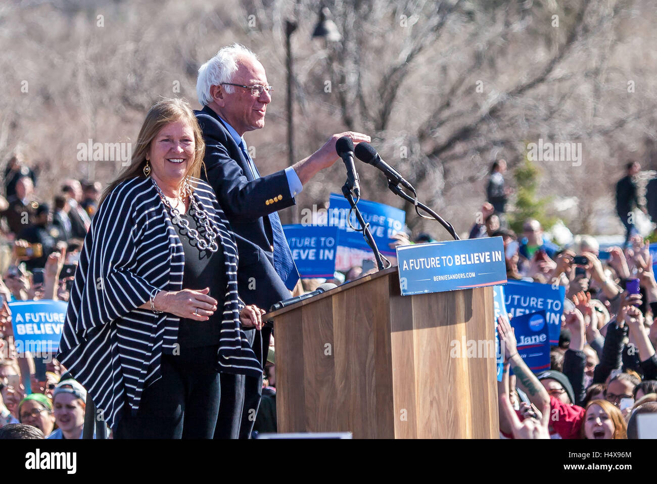 Senator Bernie Sanders and wife Jane O'Meara Sanders on stage at a A ...