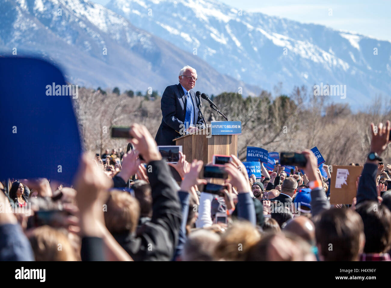 Senator Bernie Sanders holds a A Future to Believe In Salt Lake City ...