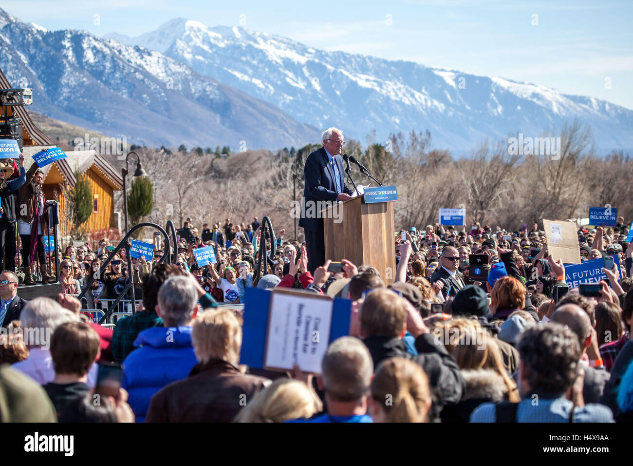 Senator Bernie Sanders holds a A Future to Believe In Salt Lake City ...