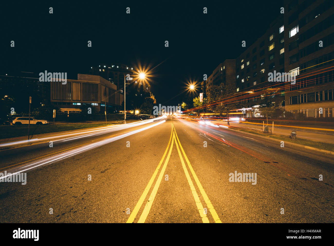 Massachusetts Avenue at night, at Scott Circle Park, in Washington, DC ...