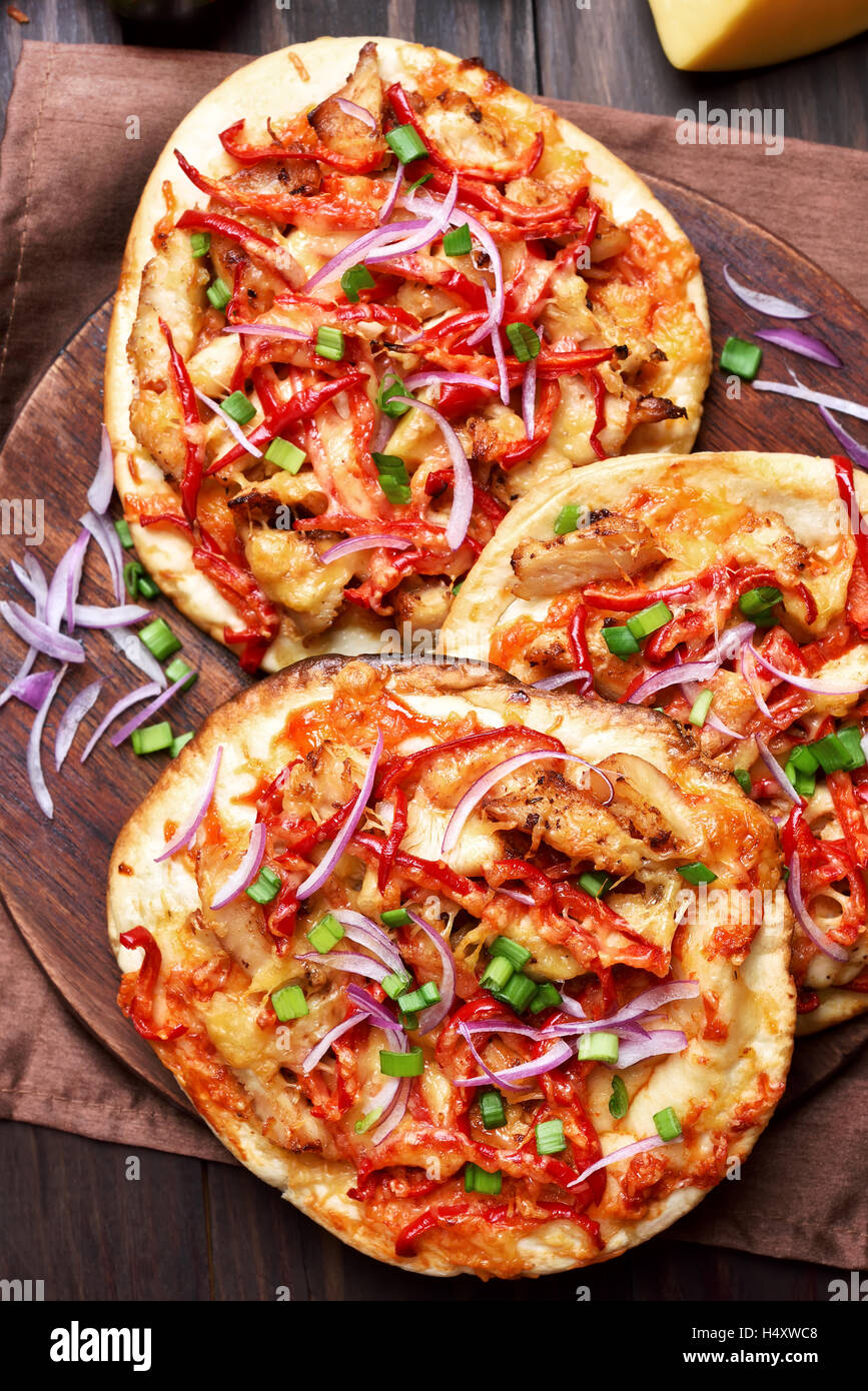 Pizza with chicken meat and vegetables, top view Stock Photo - Alamy