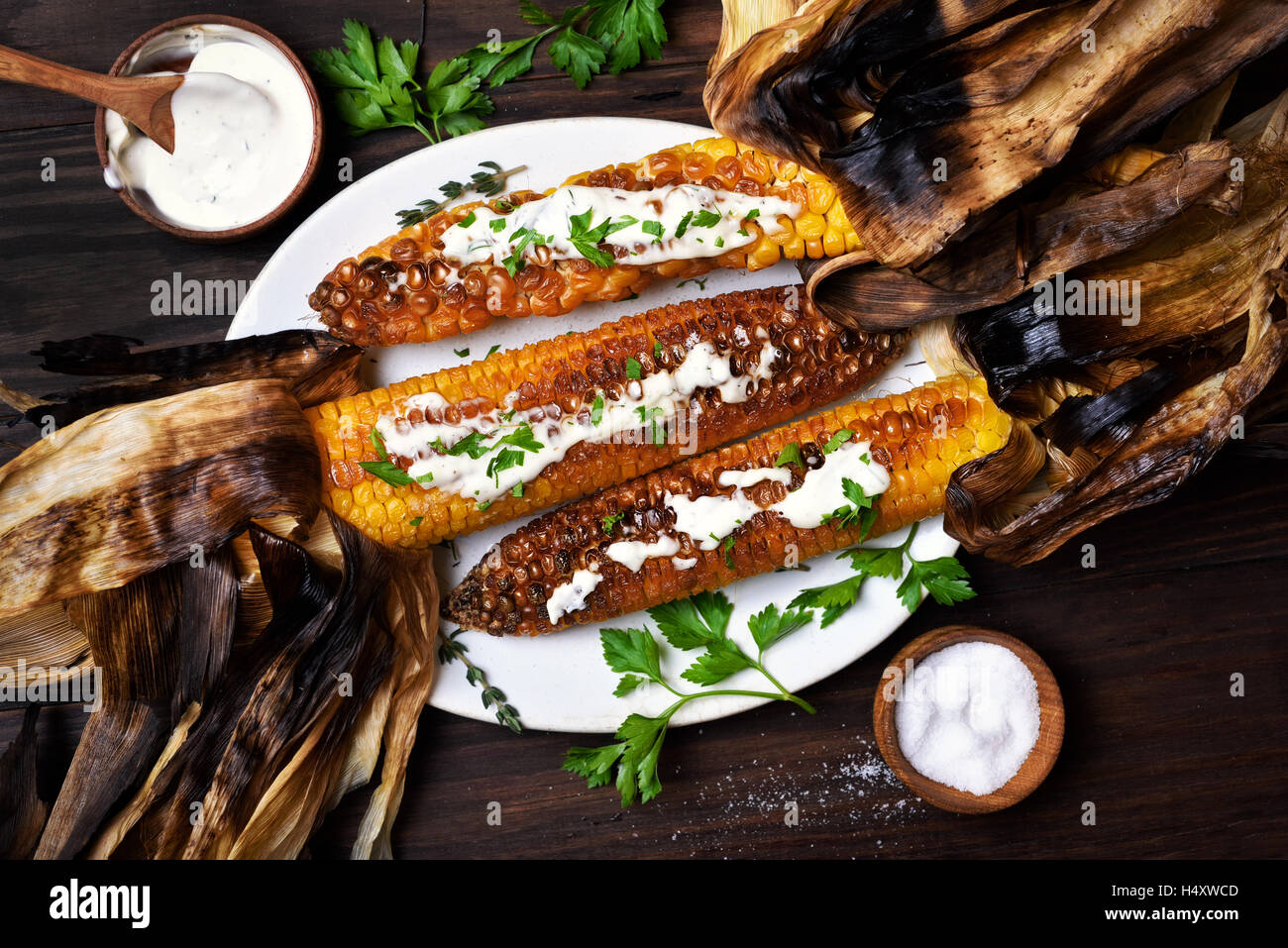 Delicious grilled corn, top view Stock Photo - Alamy
