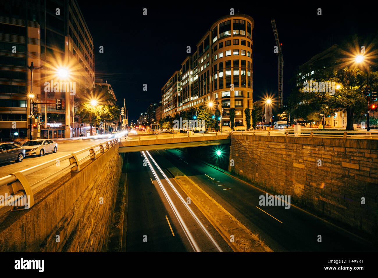 The K Street Underpass at night, at Washington Circle in Washington, DC ...