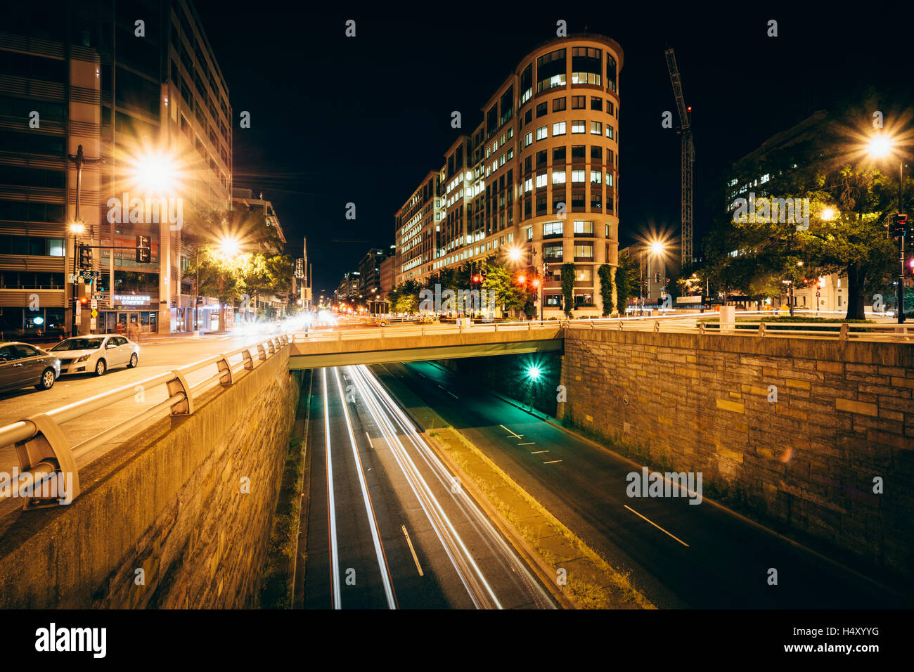 The K Street Underpass at night, at Washington Circle in Washington, DC ...