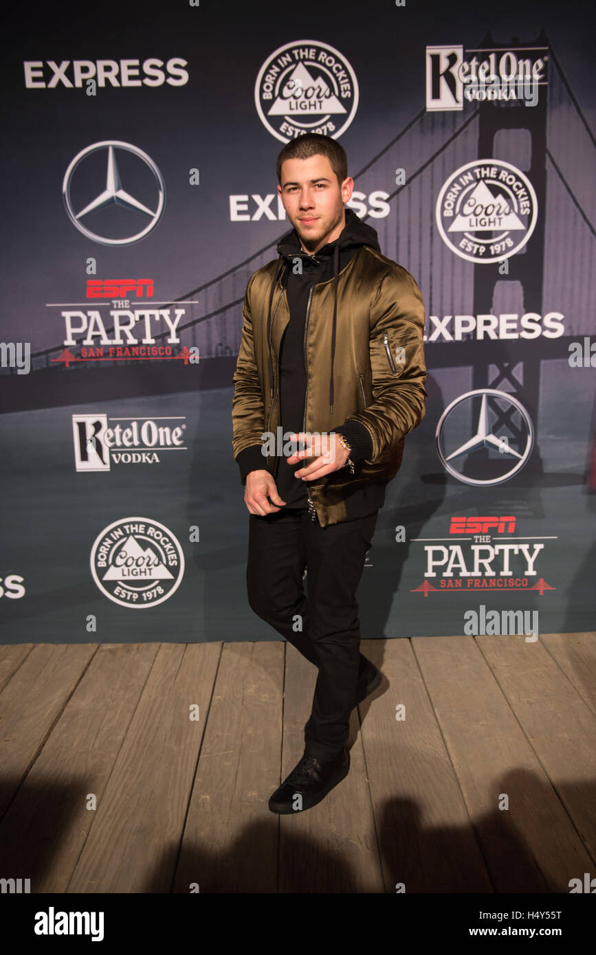 Singer Nick Jonas arrives at ESPN The Party at Fort Mason on February ...