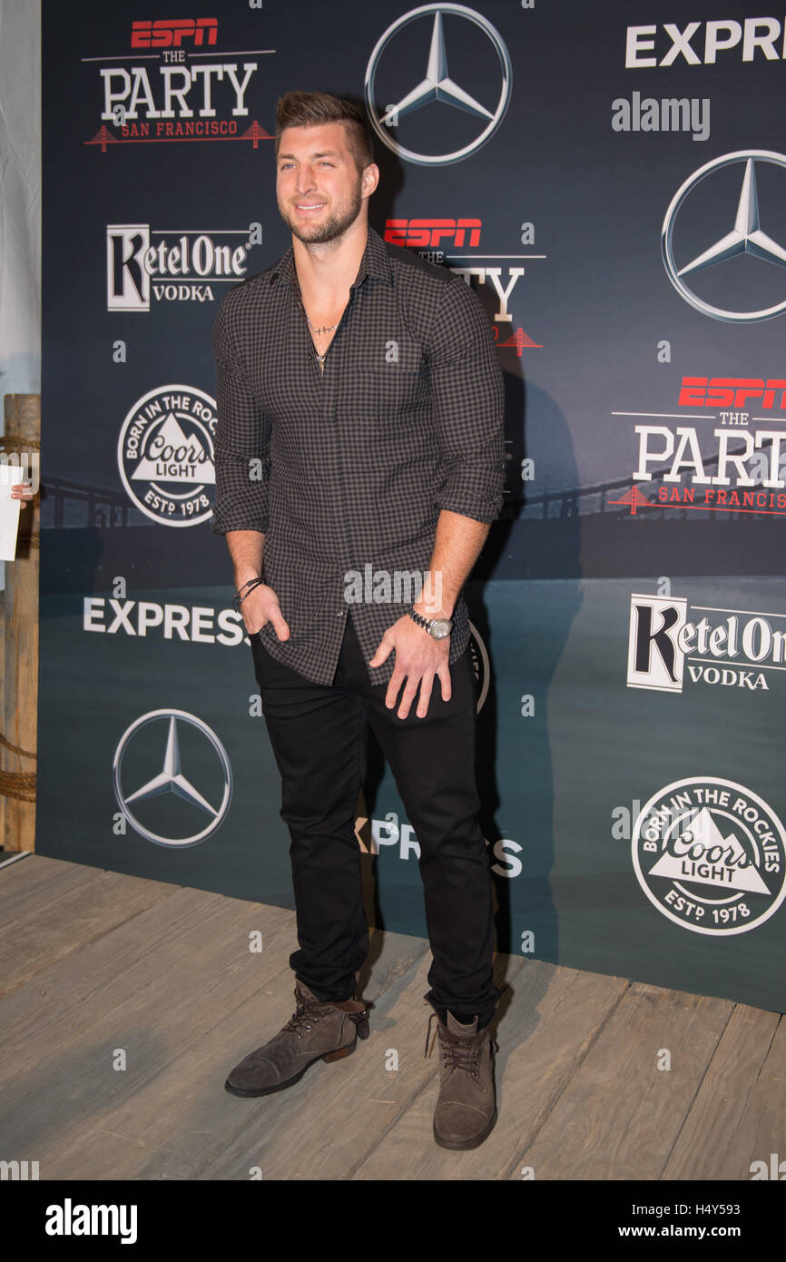 Tim Tebow arrives at ESPN The Party at Fort Mason on February 5th, 2016 ...
