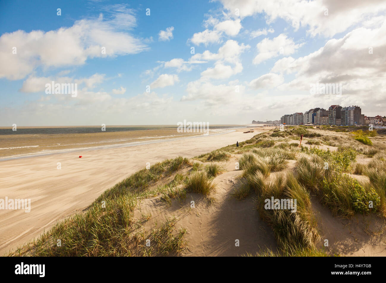 North Sea beach, dunes and apartment buildings at Knokke-Heist, Belgium ...
