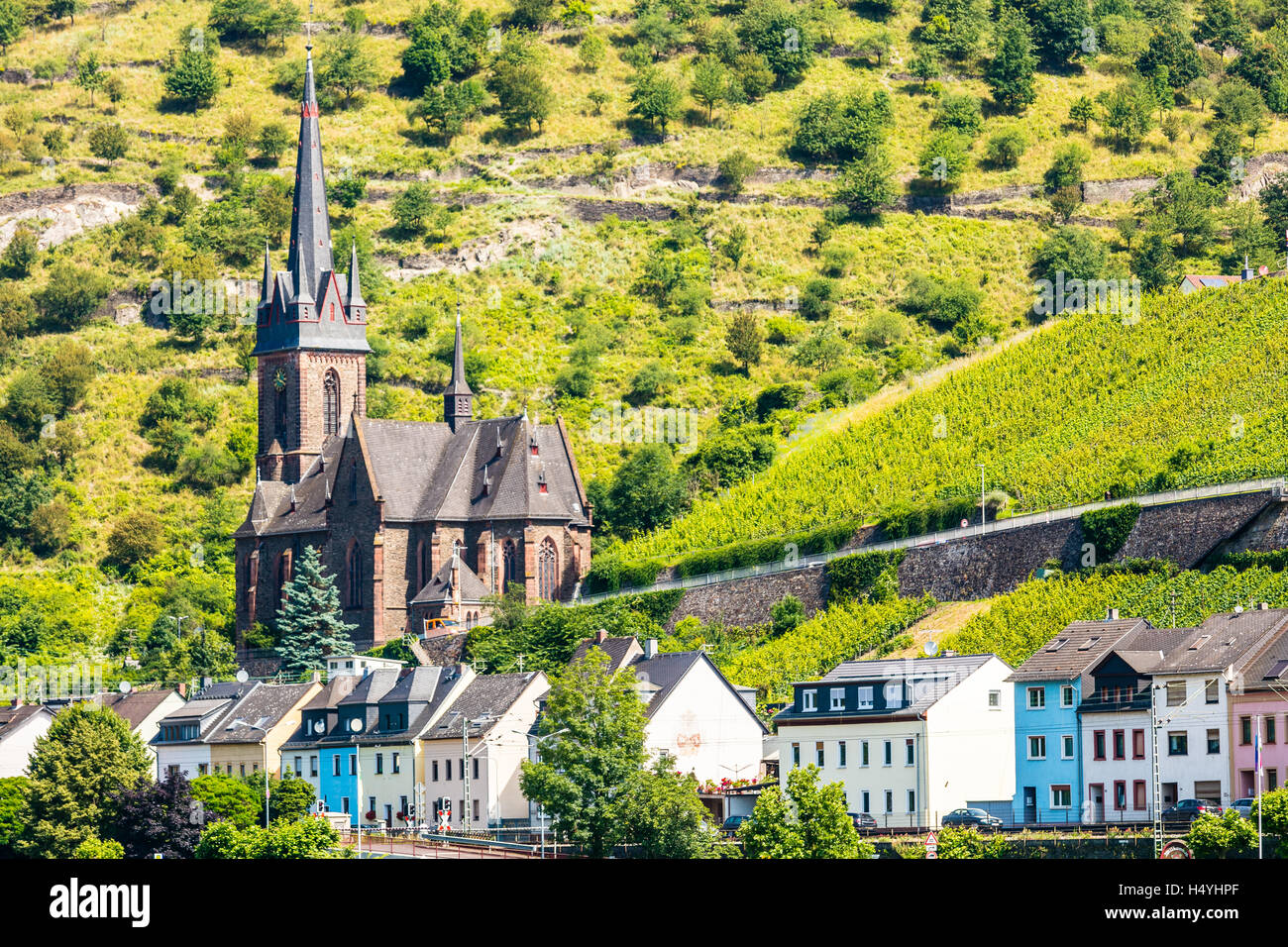 Pretty village with houses and church, Rhine Gorge, Germany, Europe ...