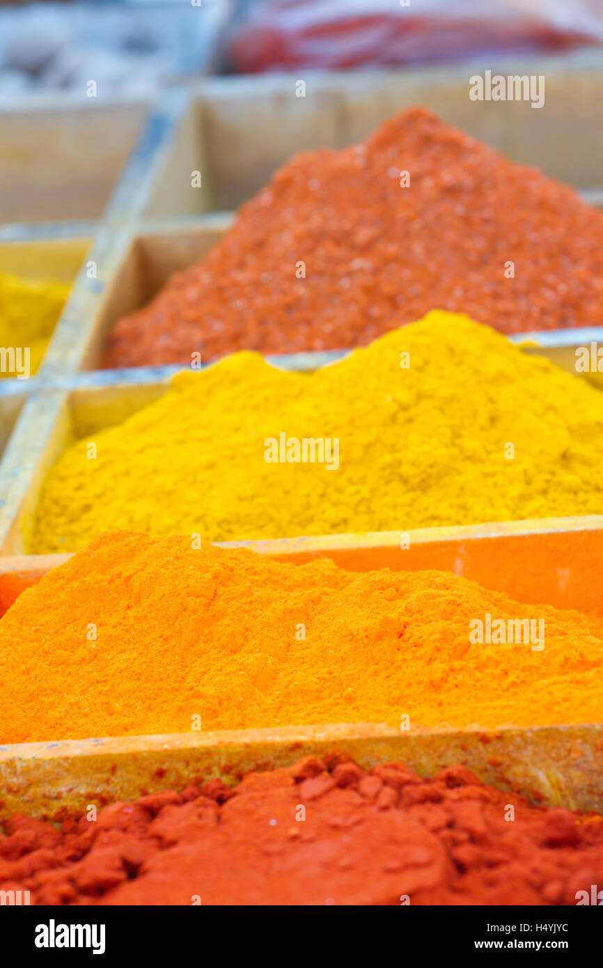Spice market with colorful seasoning in wooden boxes. Turkish herbs ...
