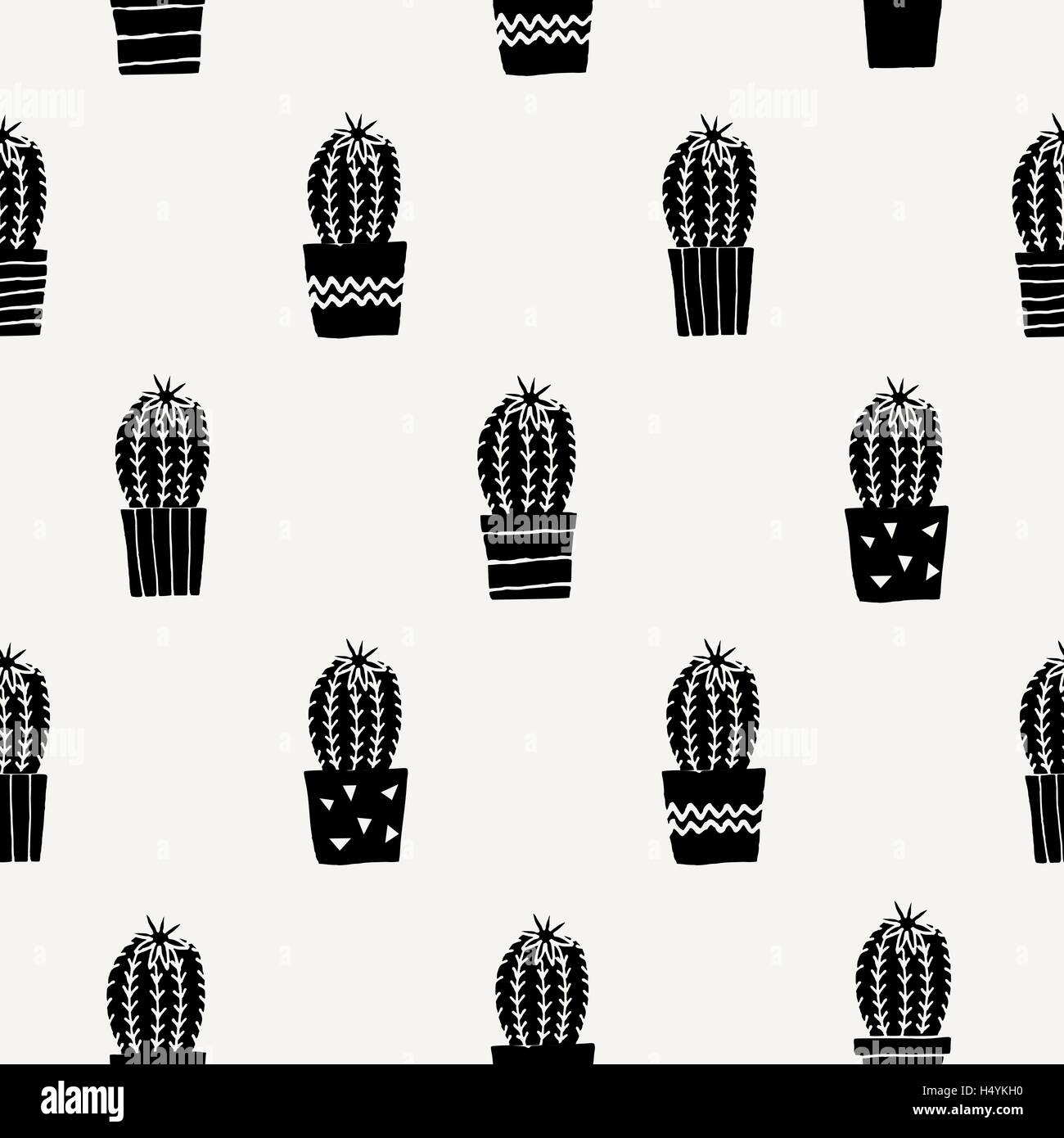Hand drawn seamless repeating pattern with cactus plants in black on ...
