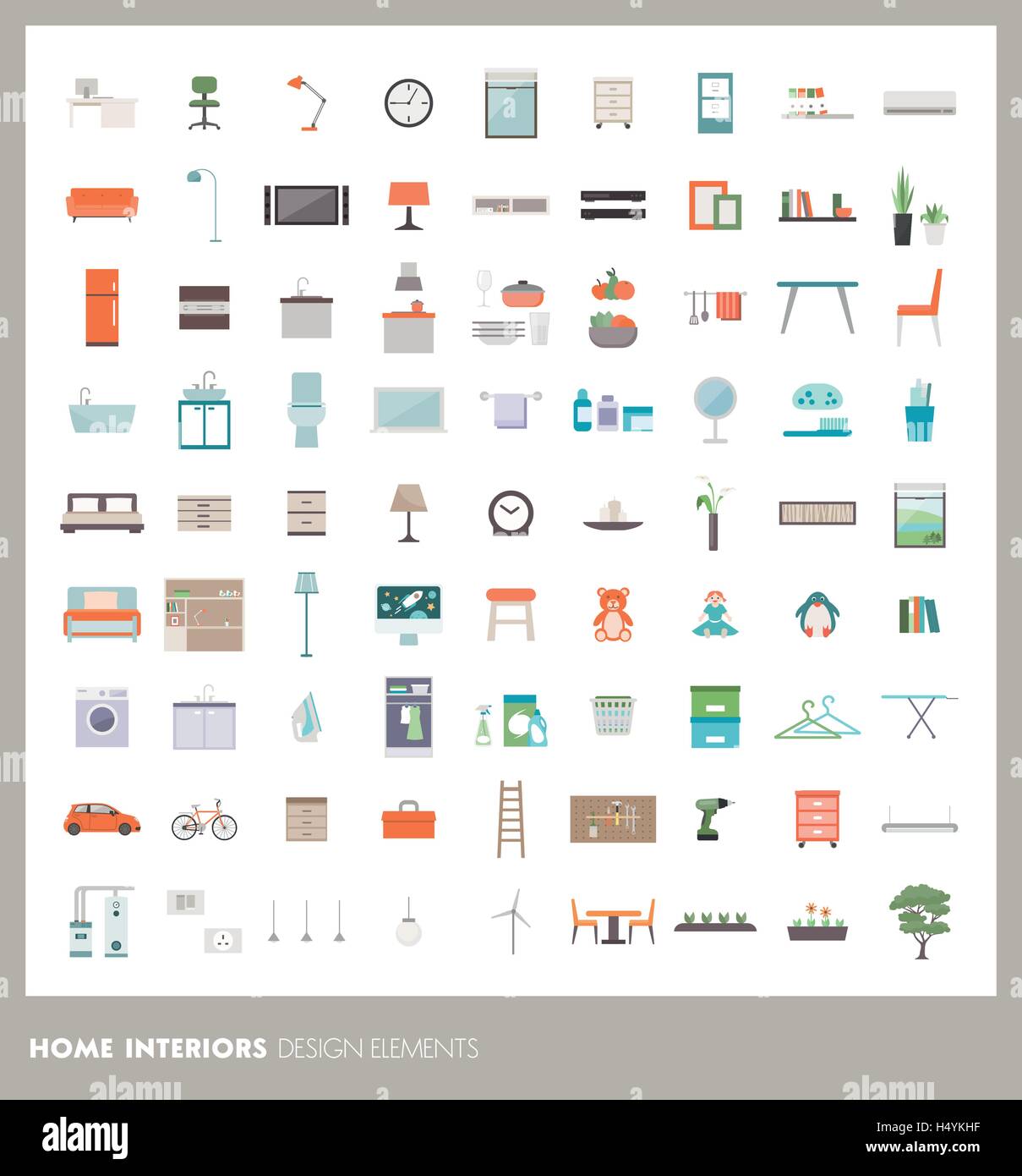 Home room interiors design elements and icons set: furnishings, objects ...