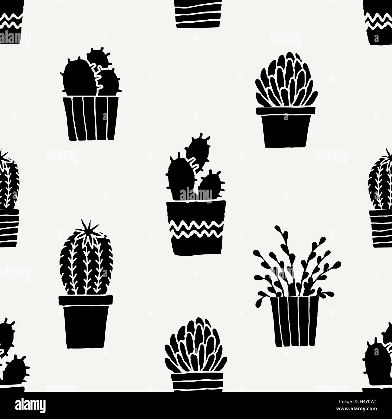 Hand drawn seamless repeating pattern with succulent plants in black on ...