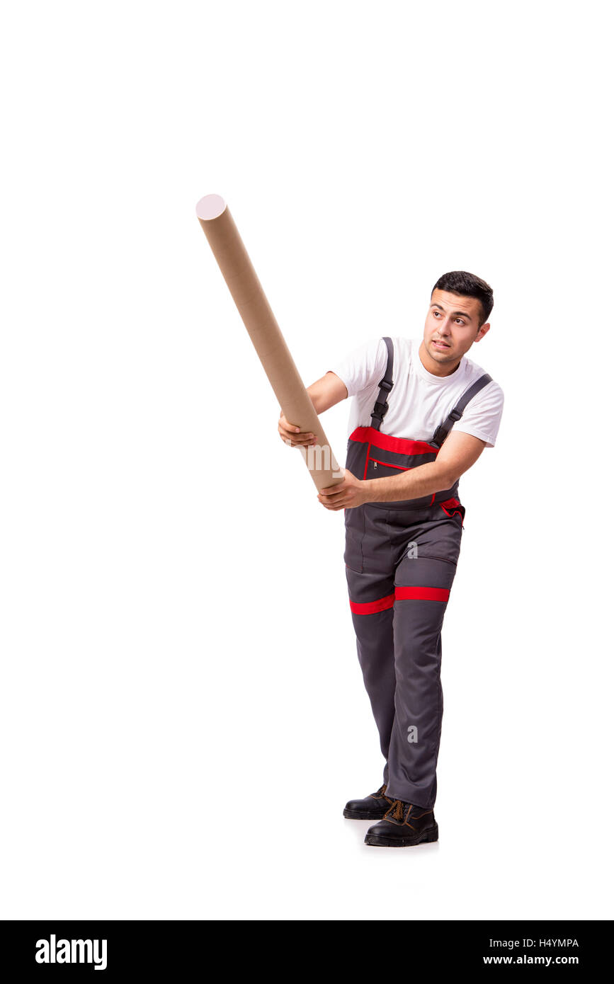 Plumber with plastic pipe isolated on white Stock Photo - Alamy