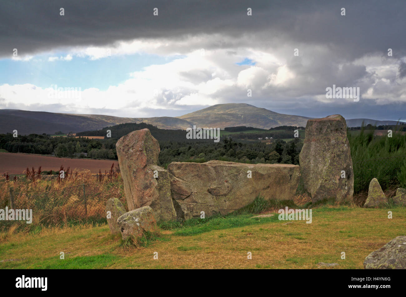 A view of the Recumbent Stone and Flankers at Tomnaverie Stone Circle ...