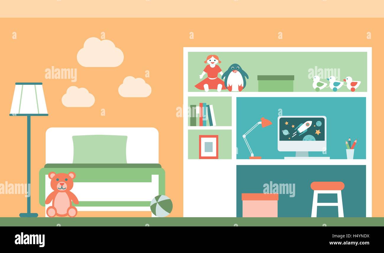 Kids room with a comfortable bed, a computer on a desktop and a ...
