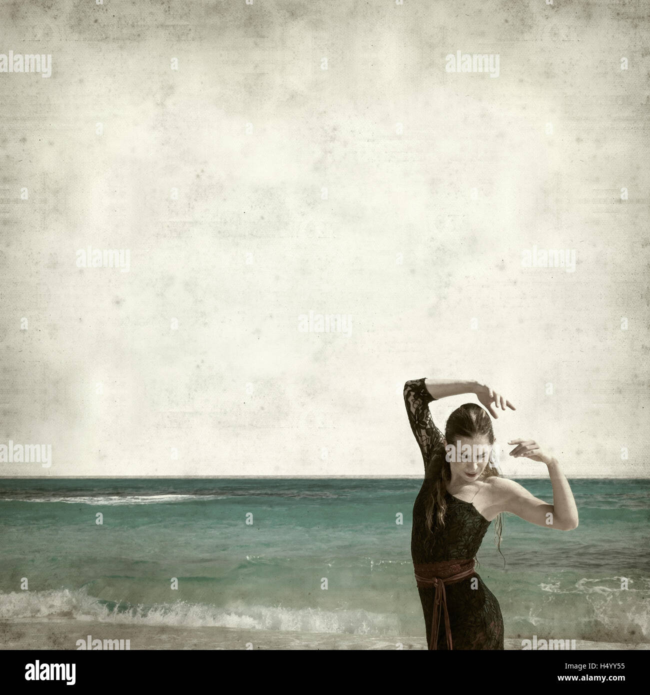 textured old paper background with flamenco dancer by the ocean shore ...