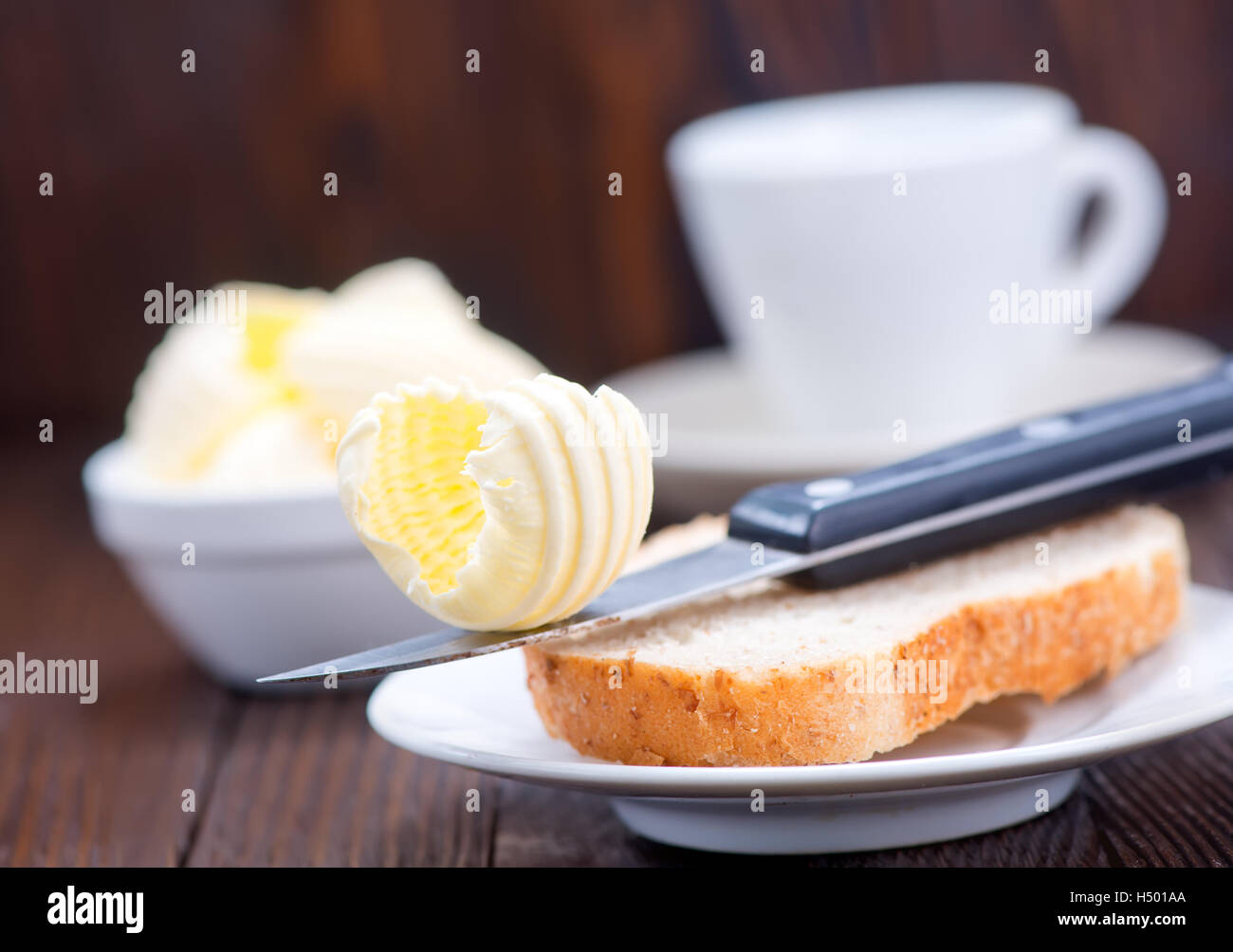 bread and butter for breakfast, breakfast on a table Stock Photo - Alamy
