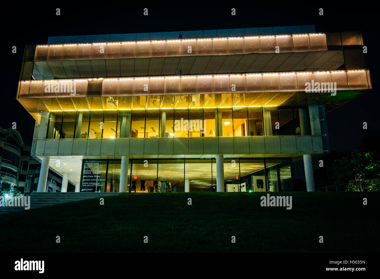 The exterior of the Embassy of Sweden at night, in Georgetown ...
