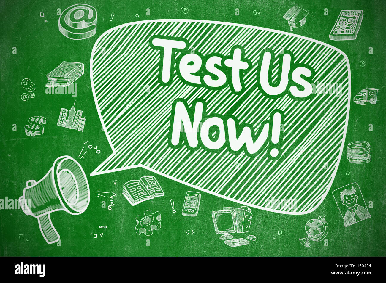 Test Us Now - Doodle Illustration on Green Chalkboard Stock Photo - Alamy