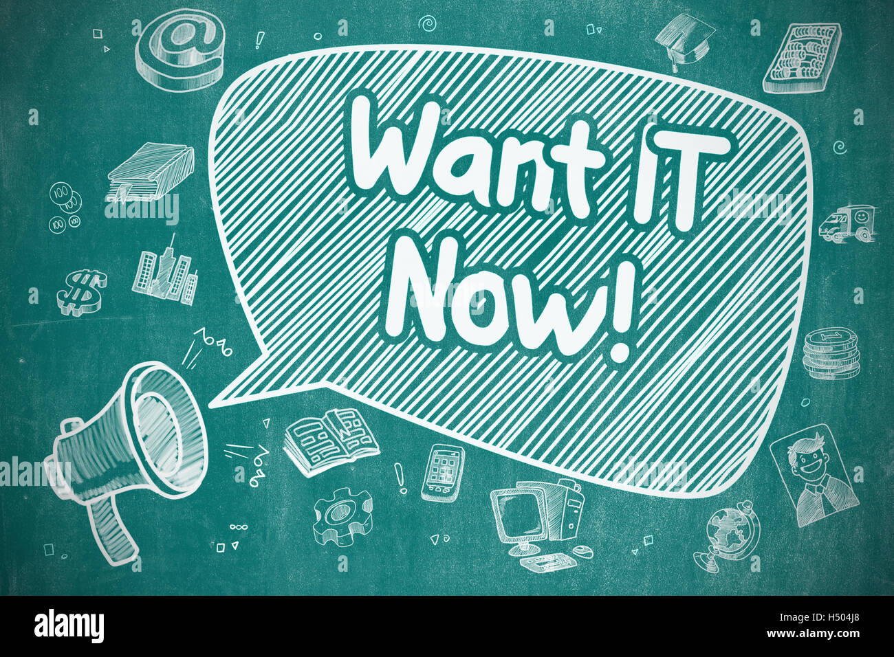 Want IT Now - Cartoon Illustration on Blue Chalkboard Stock Photo - Alamy
