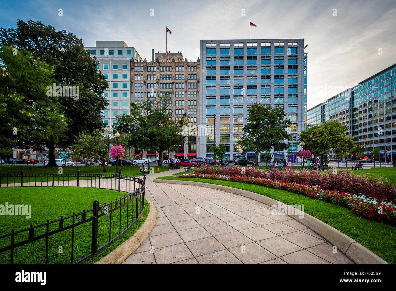 Walkway and buildings at Farragut Square, in Washington, DC Stock Photo ...