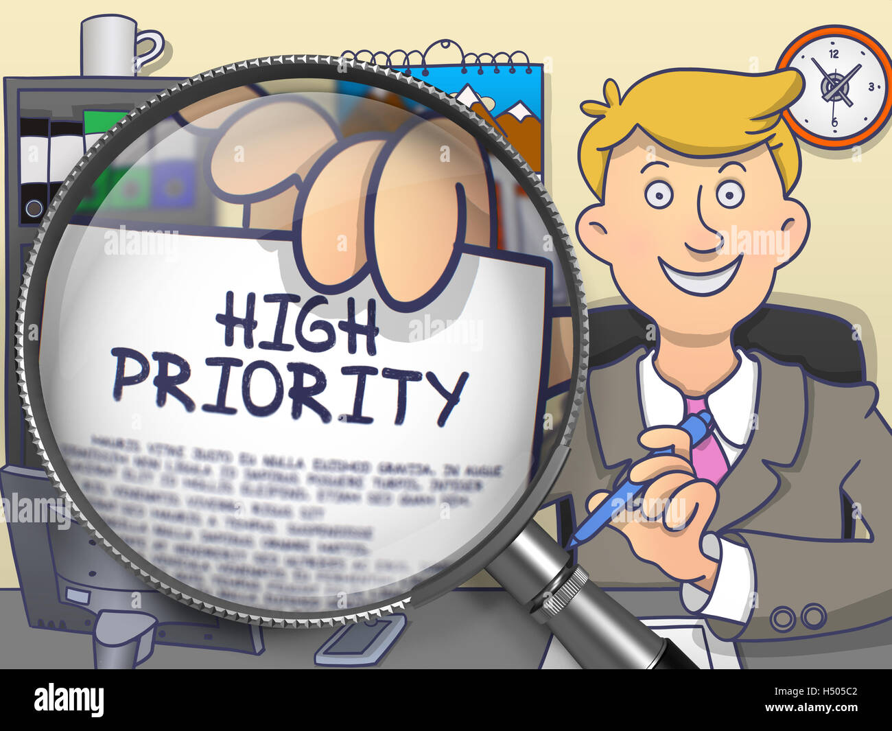 High Priority through Magnifying Glass. Doodle Design Stock Photo - Alamy