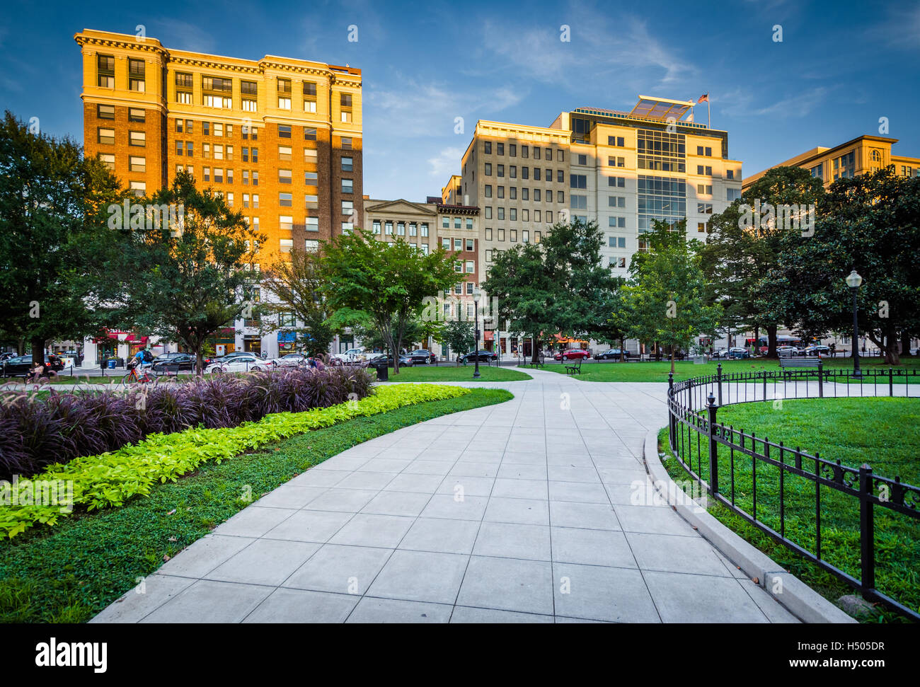 Walkway and buildings at Farragut Square, in Washington, DC Stock Photo ...