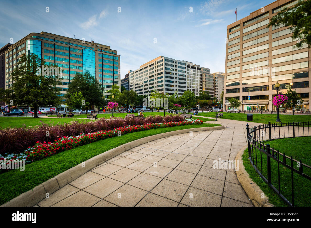 Walkway and buildings at Farragut Square, in Washington, DC Stock Photo ...