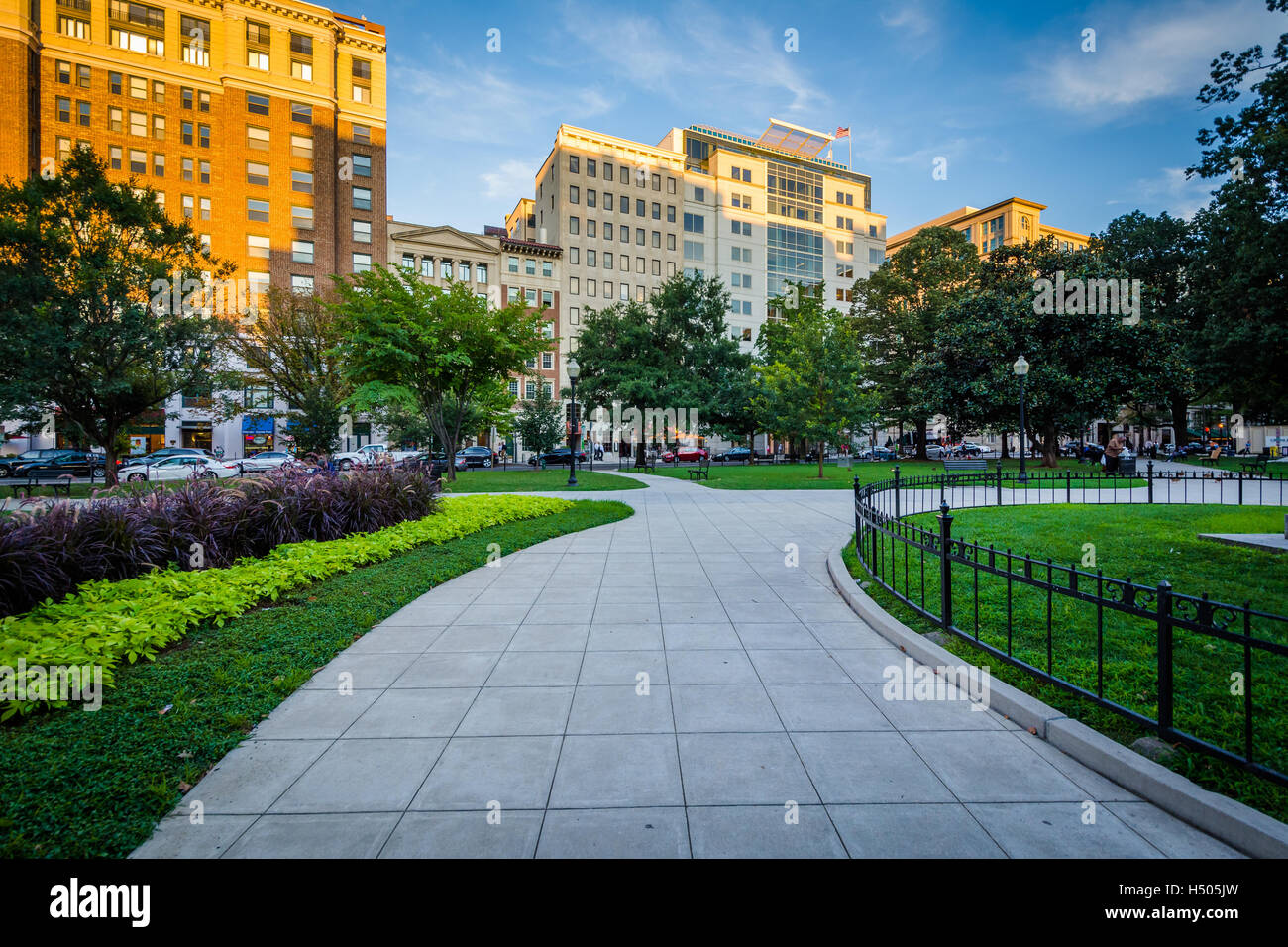 Walkway and buildings at Farragut Square, in Washington, DC Stock Photo ...
