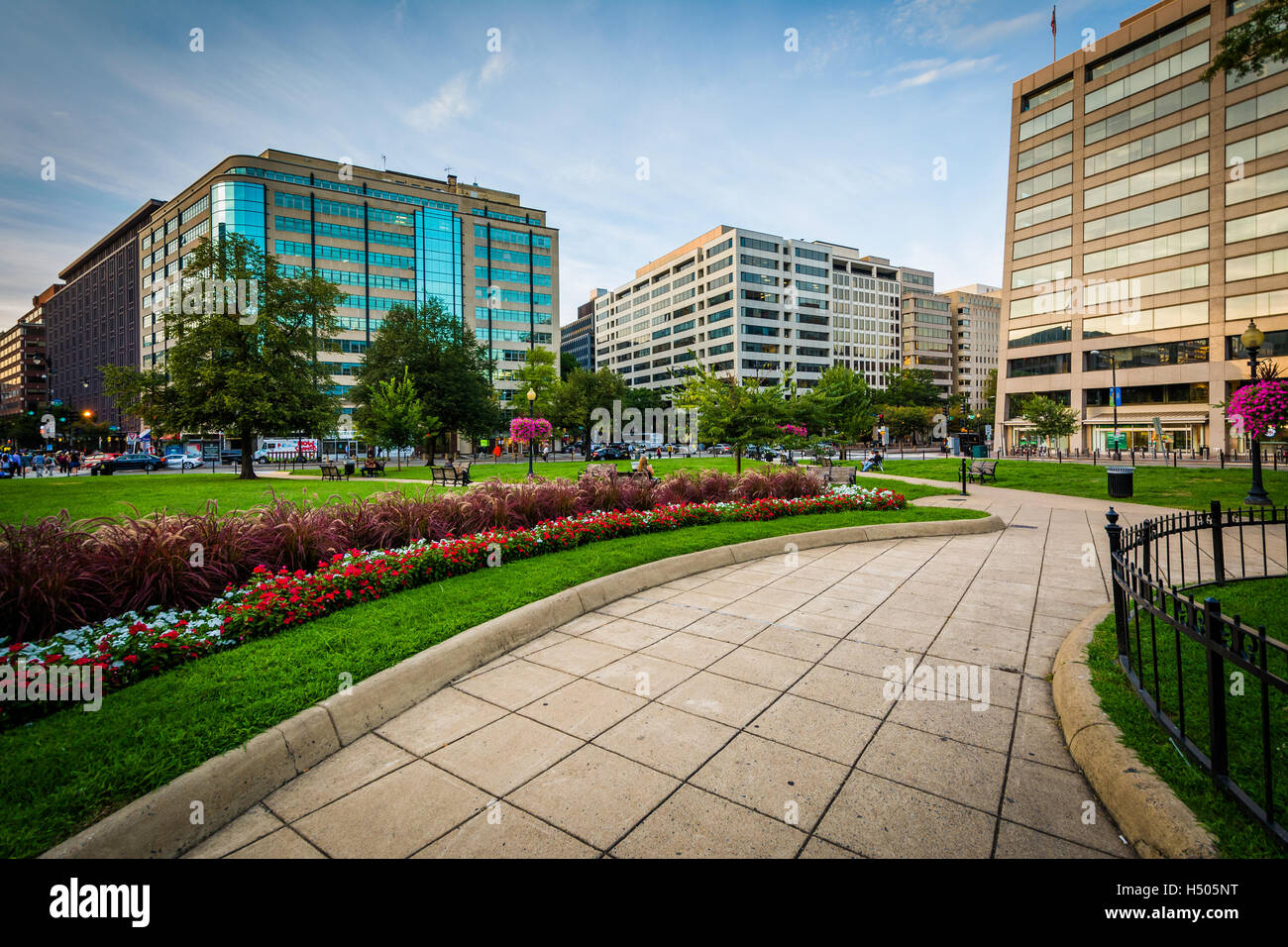 Walkway and buildings at Farragut Square, in Washington, DC Stock Photo ...