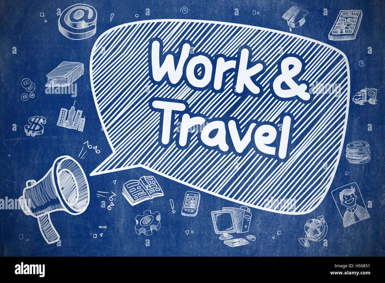 Work And Travel - Cartoon Illustration on Blue Chalkboard Stock Photo ...